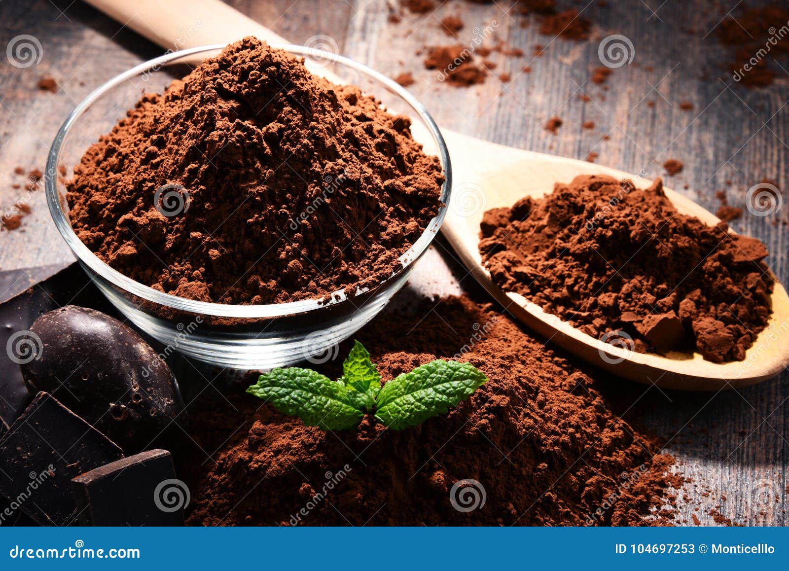 Composition with Bowl of Cocoa Powder on Wooden Table Stock Image ...