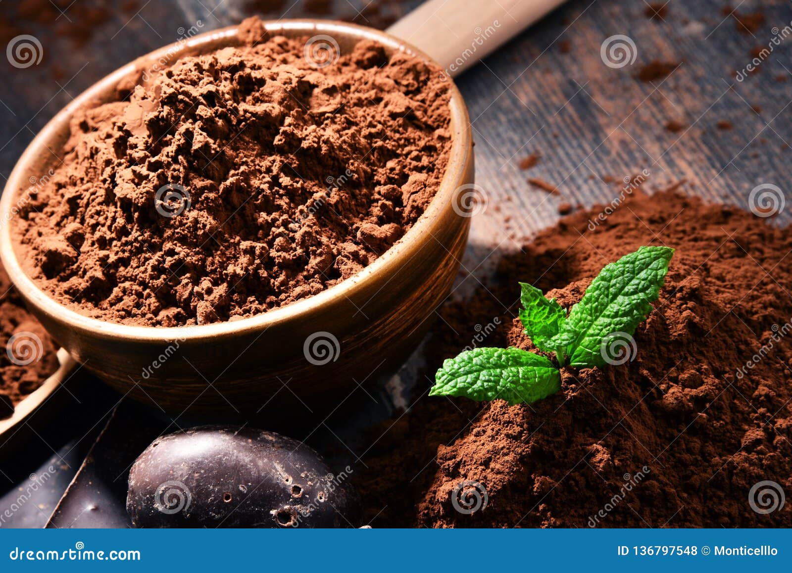 Composition with Bowl of Cocoa Powder on Wooden Table Stock Photo ...