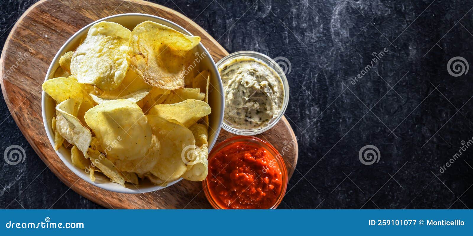 Composition with a Bowl of Potato Chips and Dipping Sauces Stock Image ...