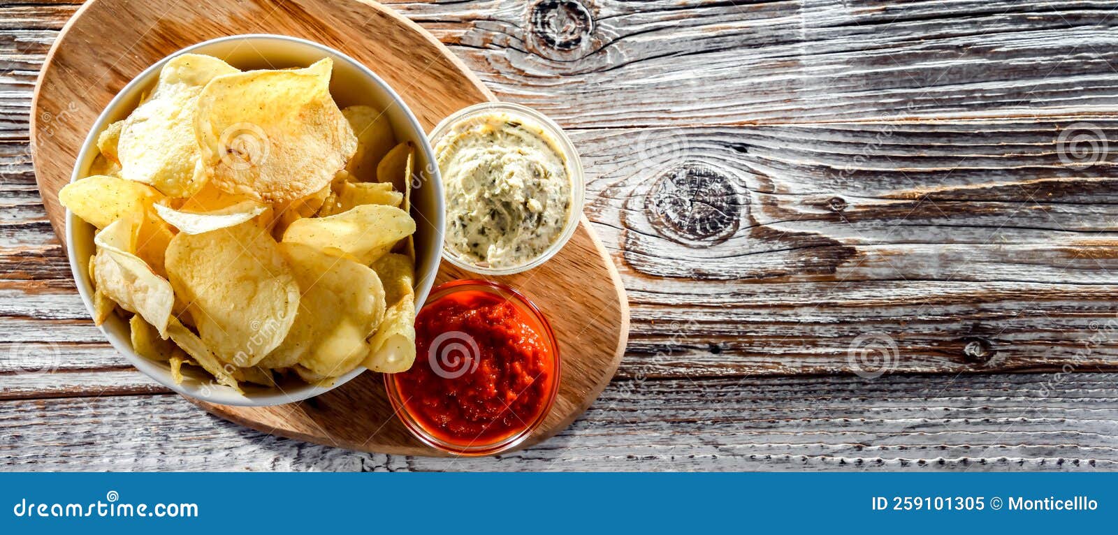 Composition with a Bowl of Potato Chips and Dipping Sauces Stock Image ...