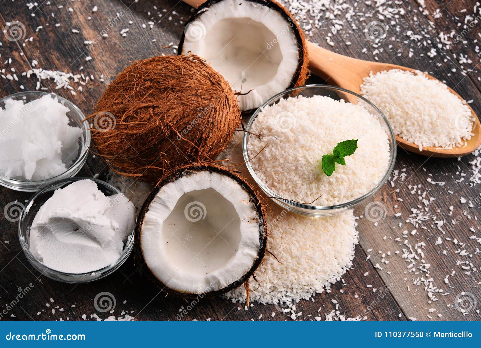 Composition with Bowl of Shredded Coconut and Shells Stock Photo ...