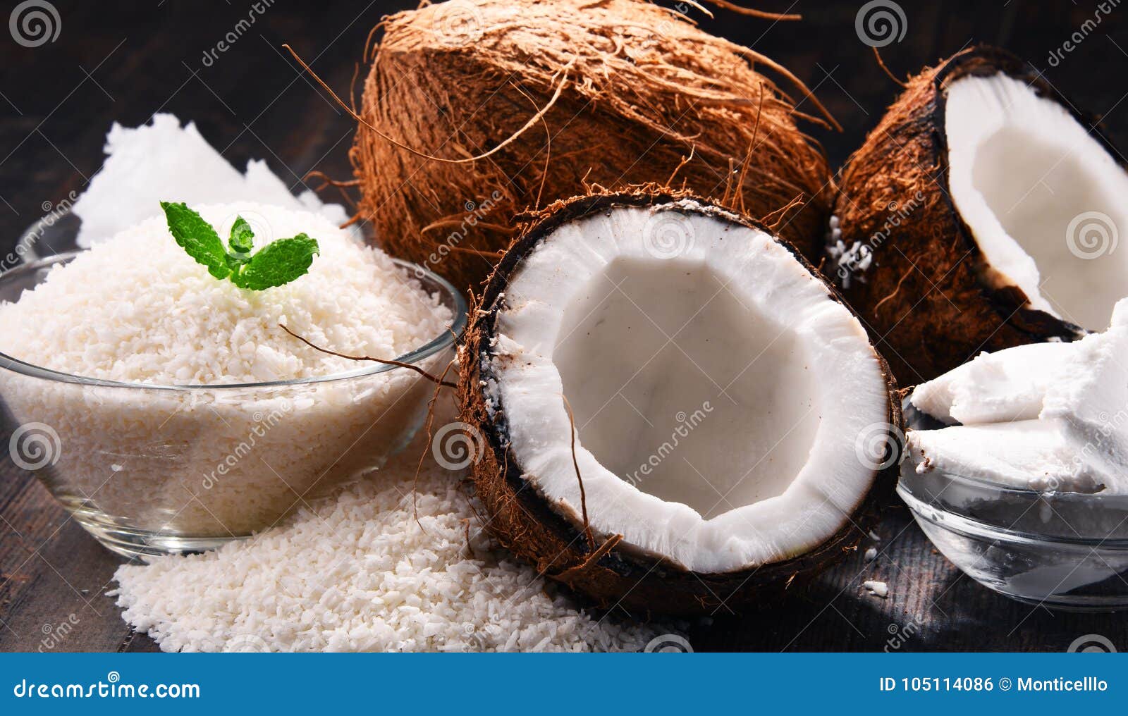 Composition with Bowl of Shredded Coconut and Shells Stock Photo ...