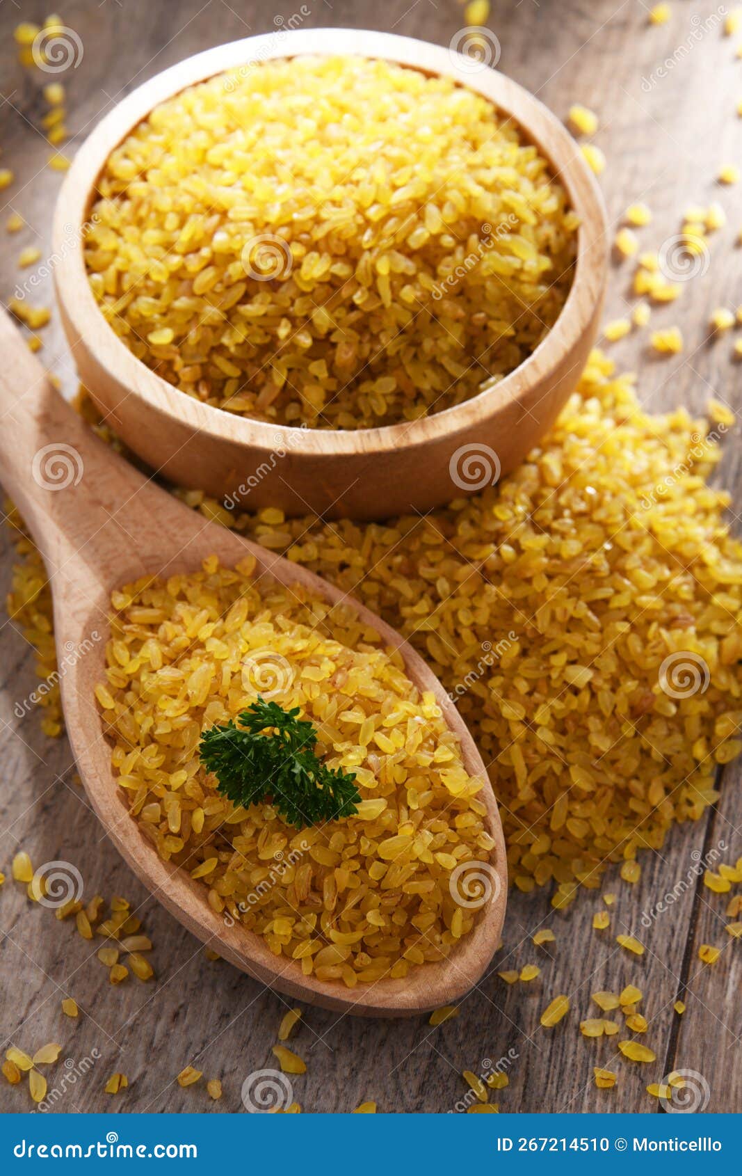 Composition with a Bowl and Spoon of Uncooked Bulgur on a Table Stock ...