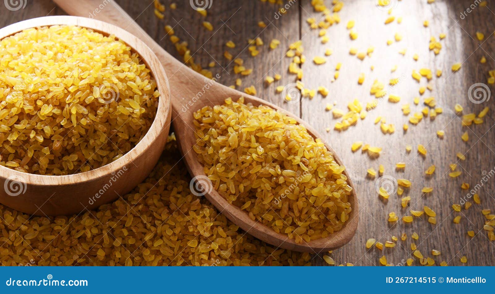 Composition with a Bowl and Spoon of Uncooked Bulgur on a Table Stock ...