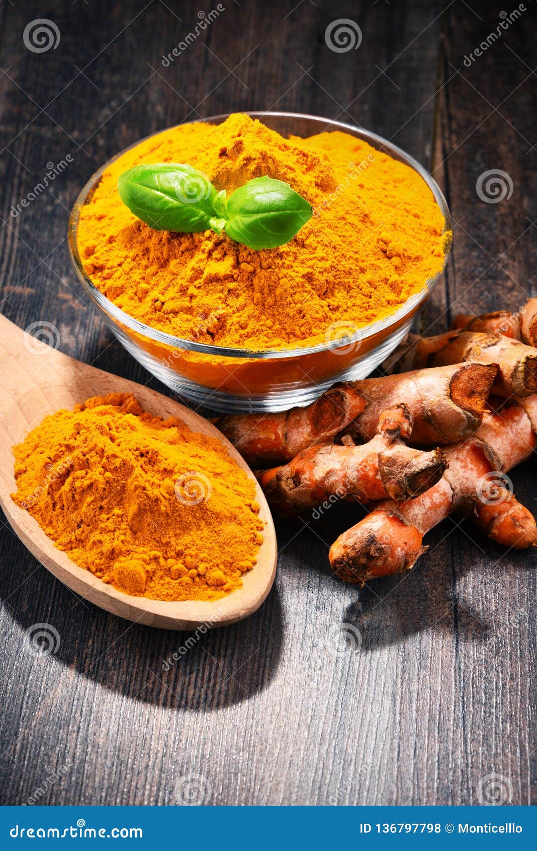 Composition with Bowl of Turmeric Powder on Wooden Table Stock Photo ...