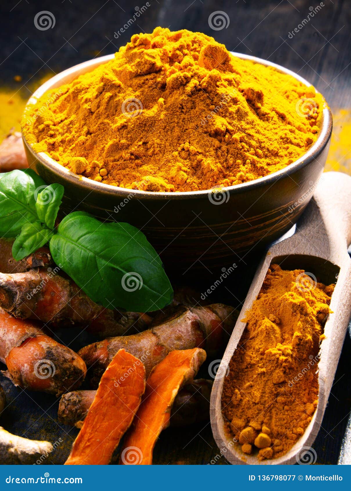 Composition with Bowl of Turmeric Powder on Wooden Table Stock Image ...