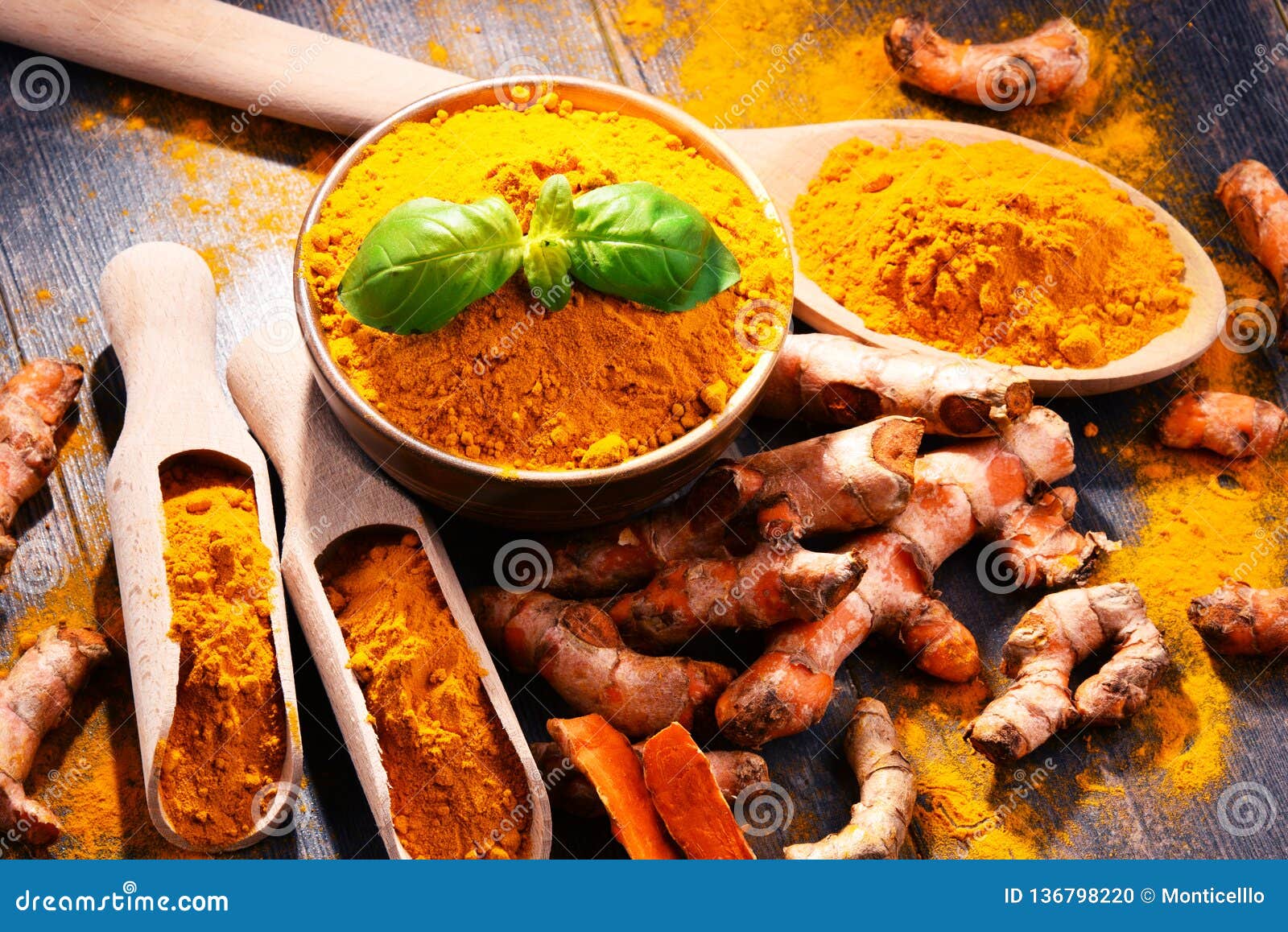 Composition with Bowl of Turmeric Powder on Wooden Table Stock Photo ...
