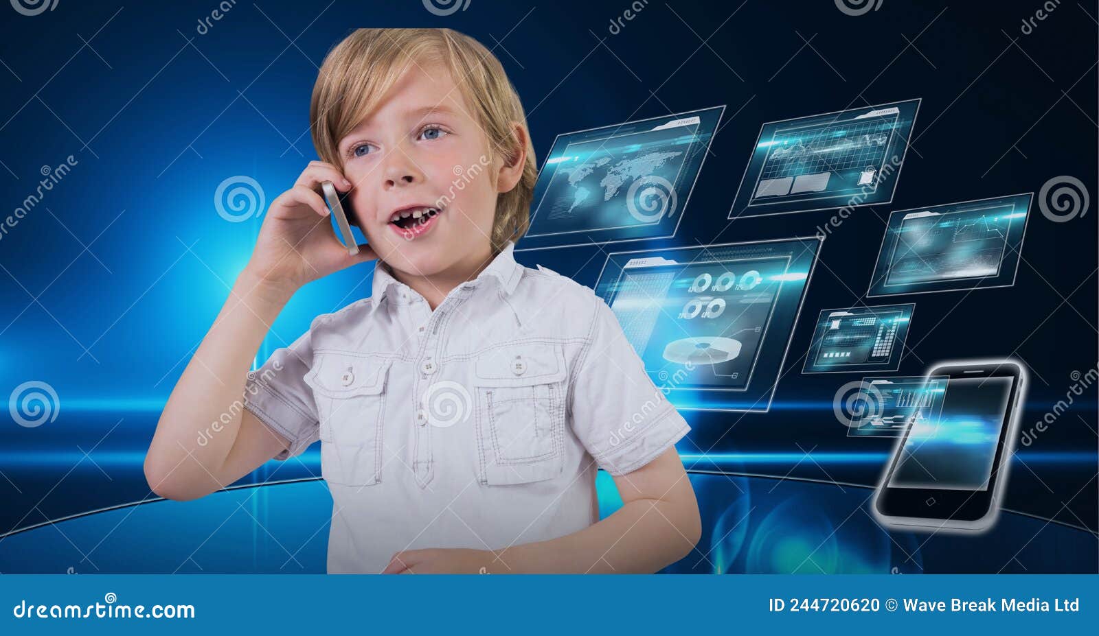 Composition of Boy Talking on Smartphone Over Digital Screens with Data ...