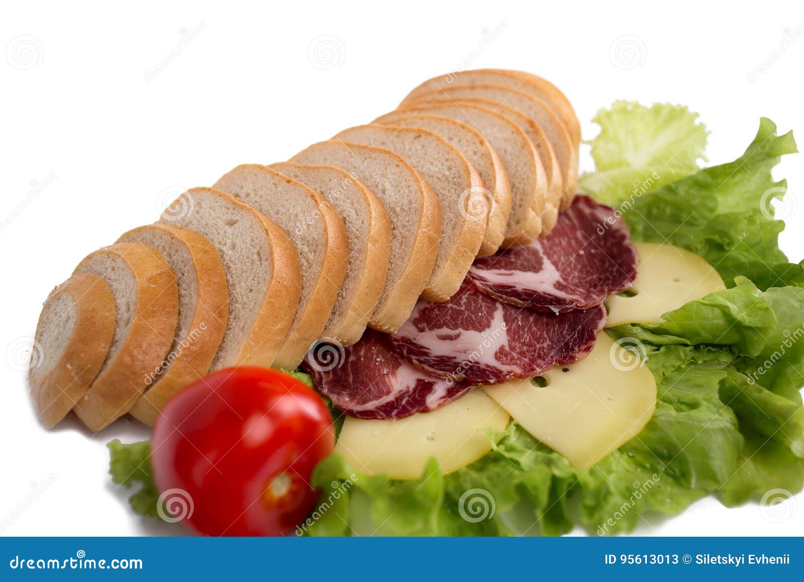 Composition of Bread, Meat, Vegetables and Cheese Stock Image - Image ...