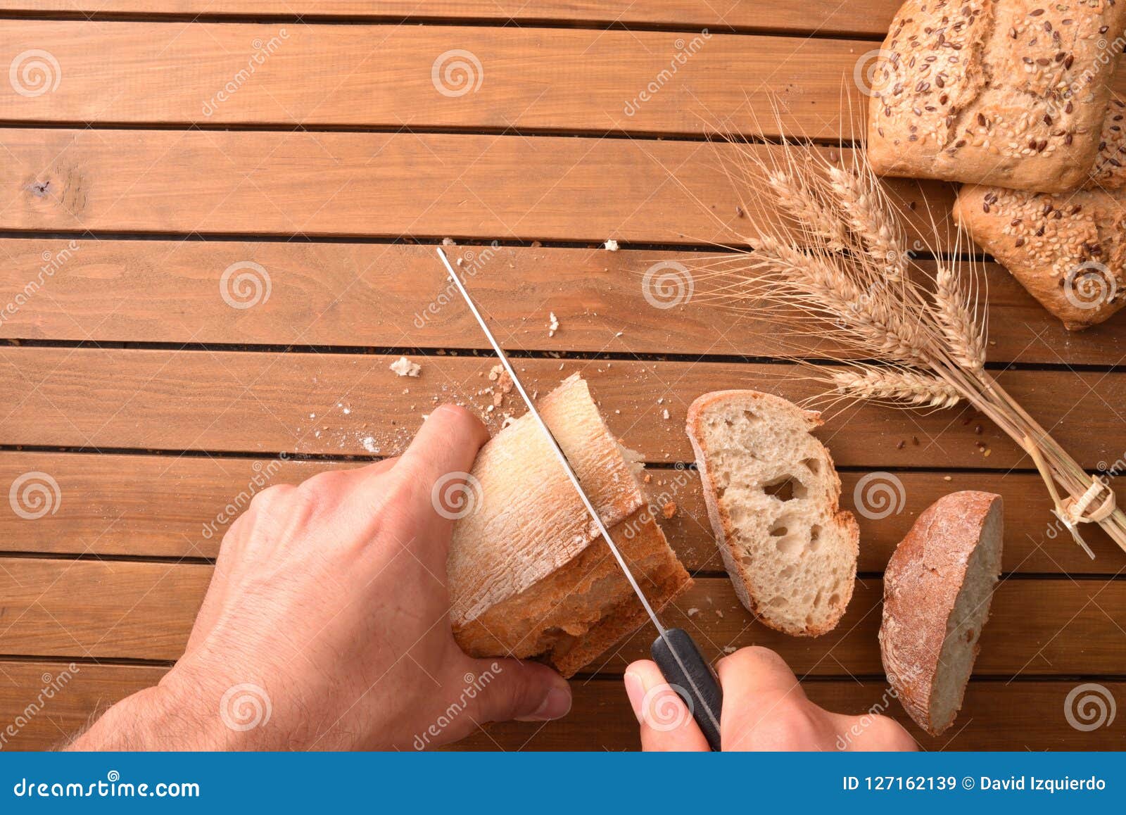 Composition of Breads on Wooden Table Top Stock Image - Image of ...