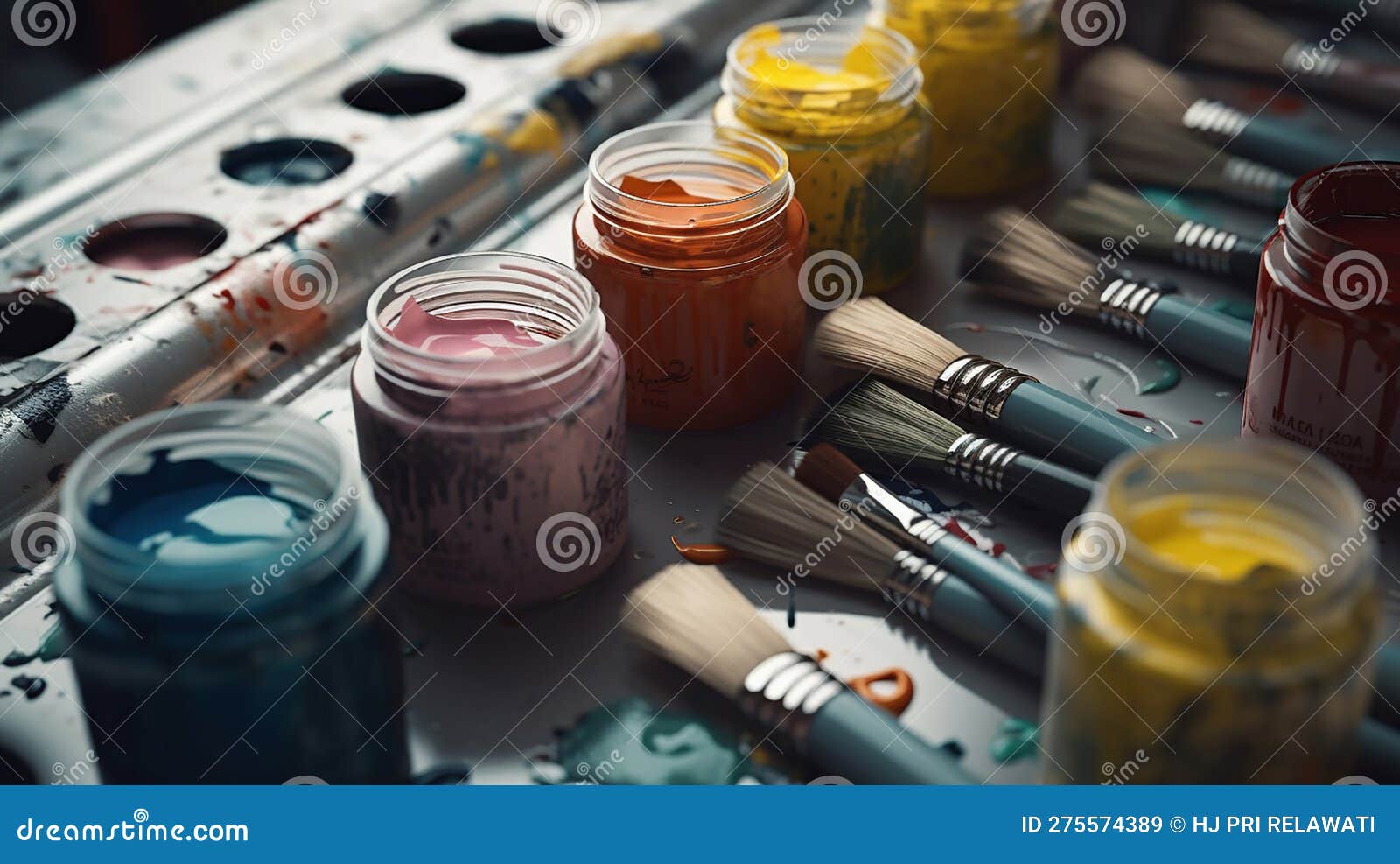 Composition with Brushes, Color Chart and Paint Containers. Generative ...