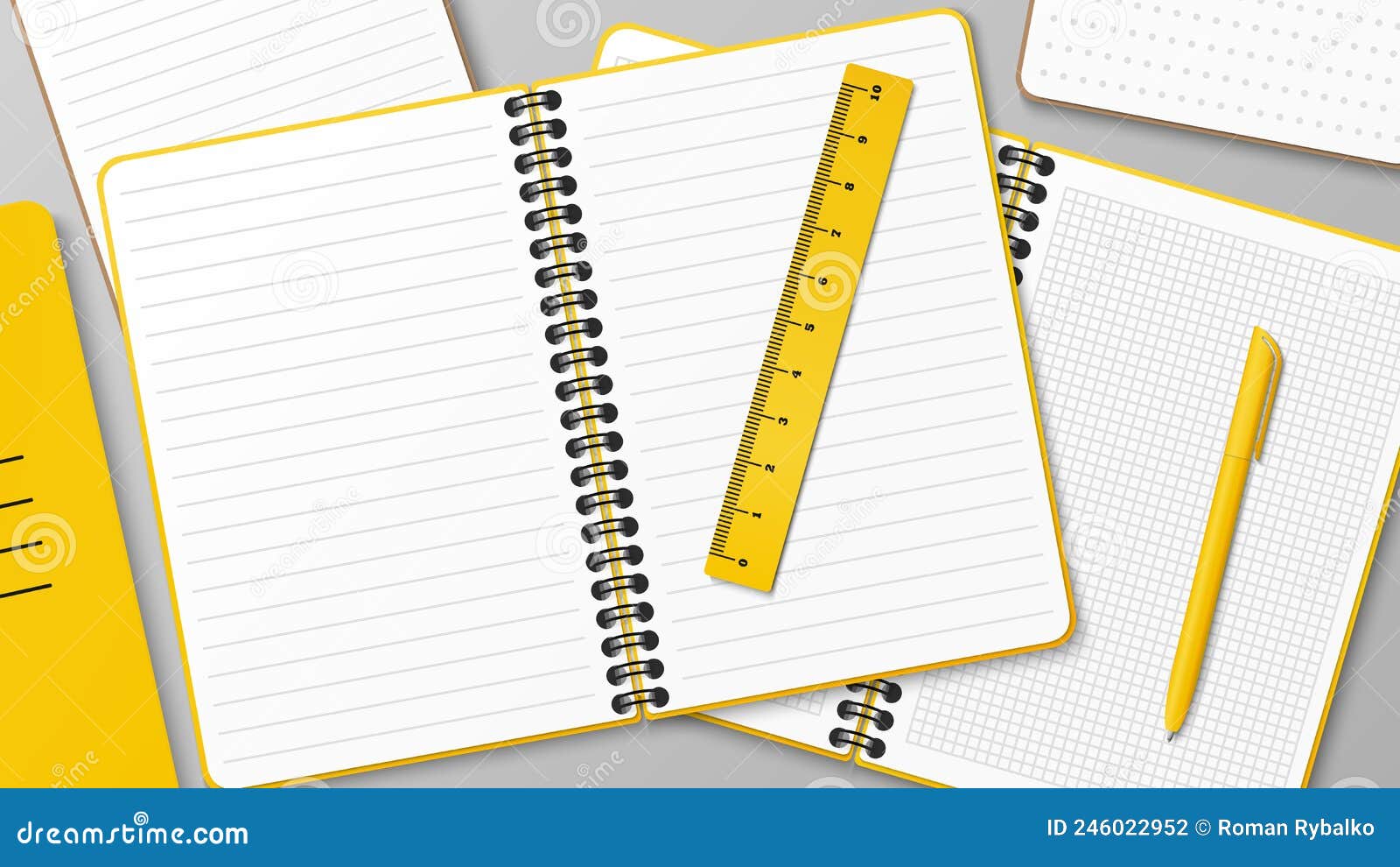 Composition Of Red Notebooks Floating On Blue Banded Background With ...