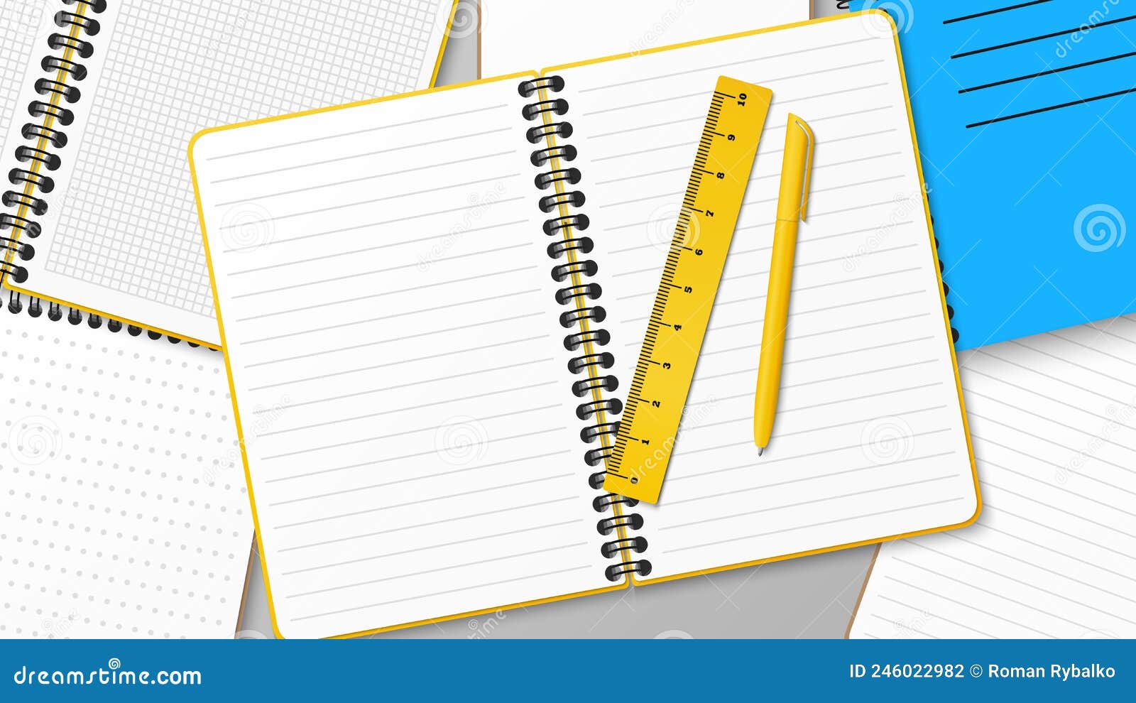 Composition with a Bunch of Notebooks and a Stack Notepad on the Table ...