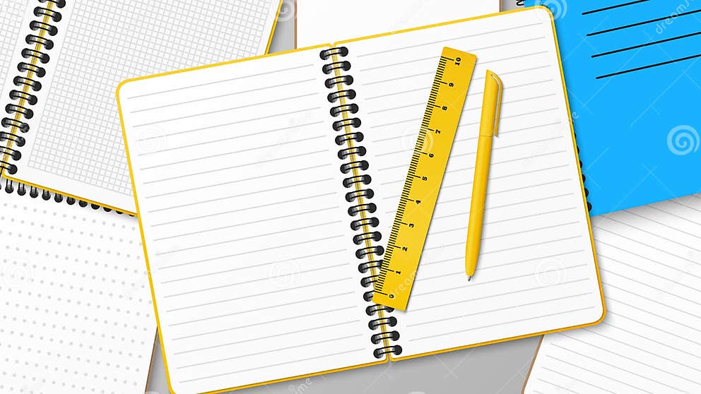 Composition with a Bunch of Notebooks and a Stack Notepad on the Table ...