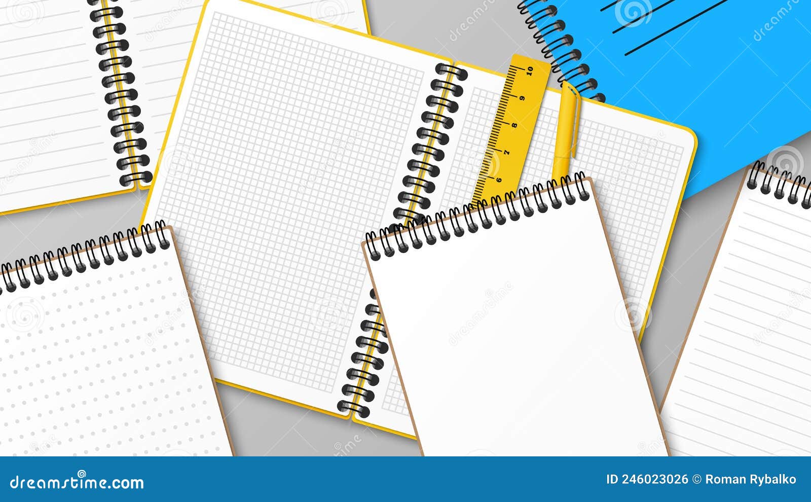 Composition Of Red Notebooks Floating On Blue Banded Background With ...