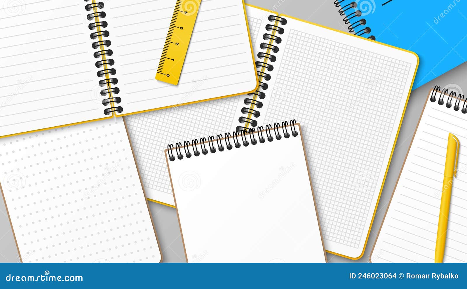 Composition Of Red Notebooks Floating On Blue Banded Background With ...