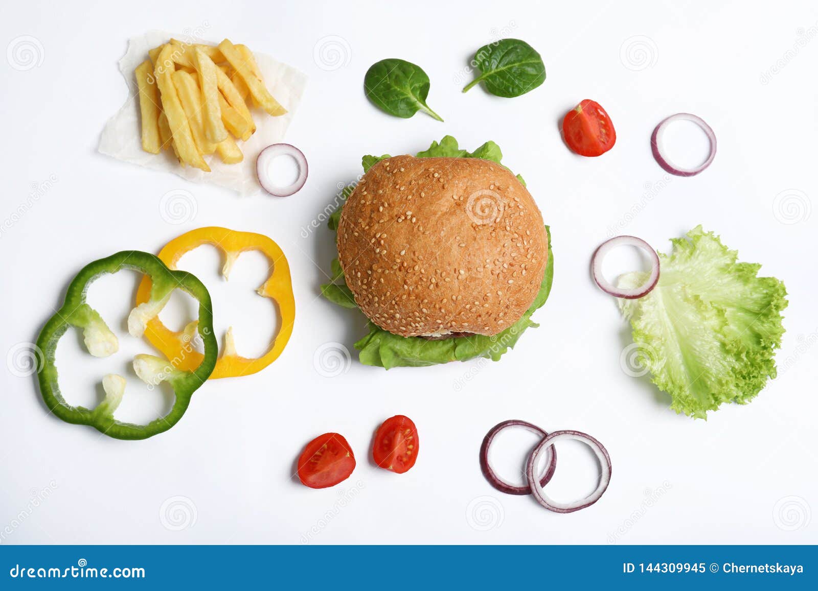 Composition with Burger and Ingredients on White, Top View Stock Image ...