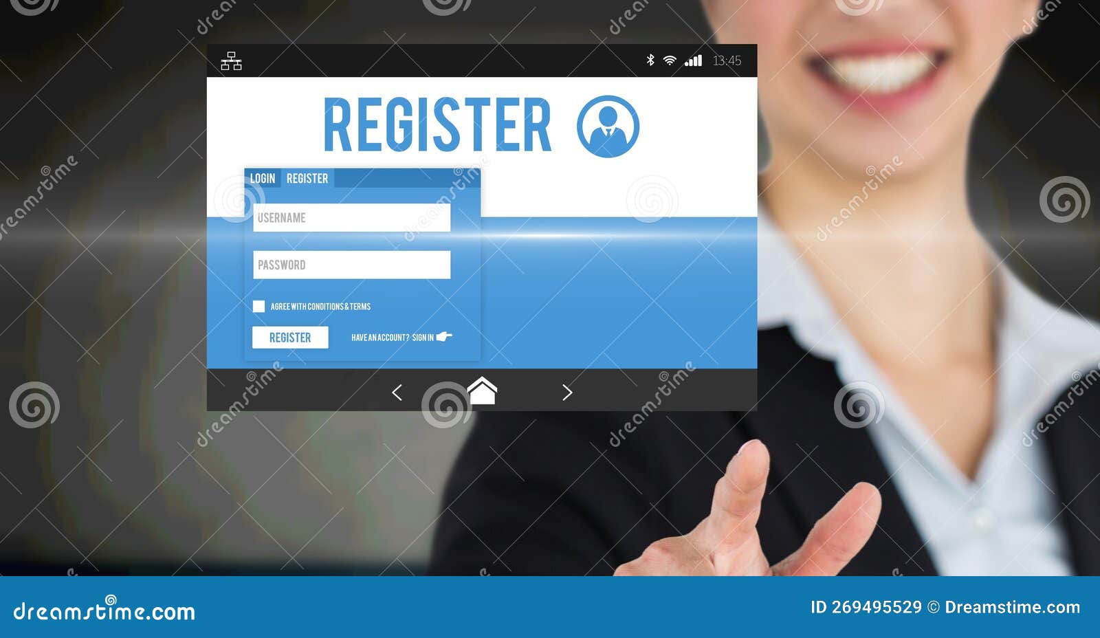 Composition of Businesswoman Touching Screen with Registration Data ...