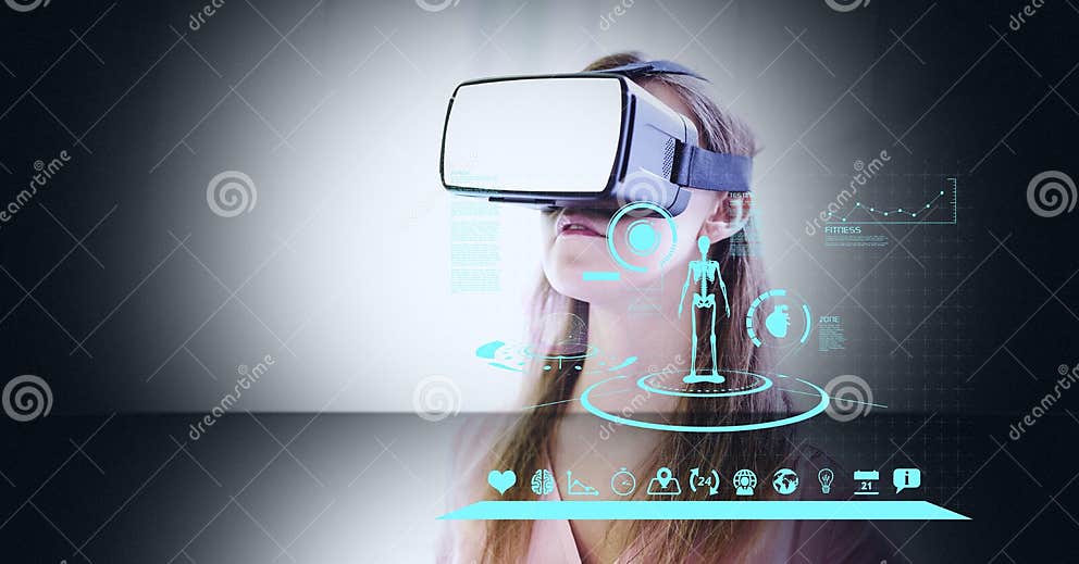 Composition of Businesswoman Wearing Vr Headset and Screen with Data ...