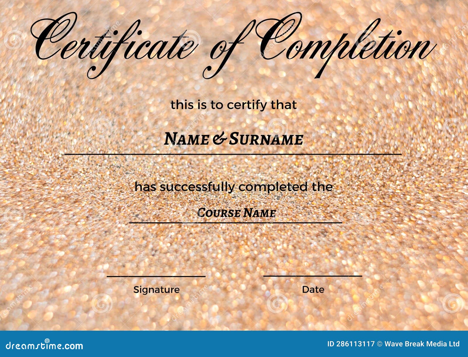 Composition of Certificate of Completion Text with Copy Space on Sand ...