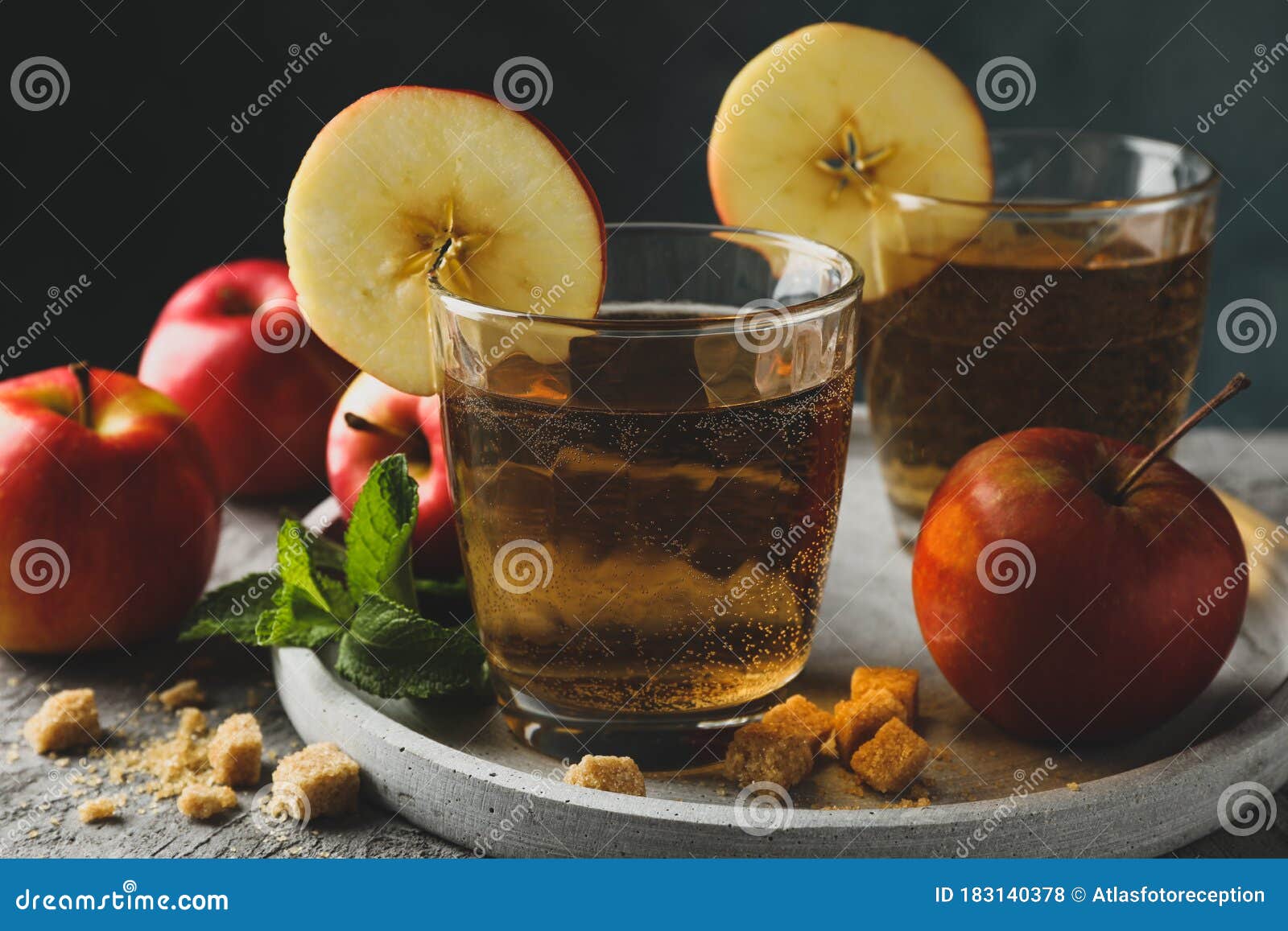 Composition with Cider Sugar and Apples on Gray Table Stock Photo ...
