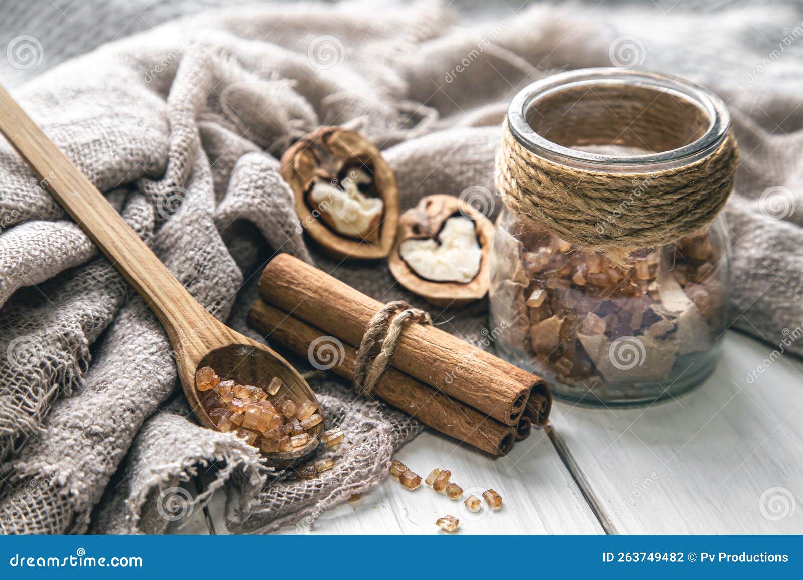 Composition with Cinnamon Sticks, Walnuts and Sugar Closeup. Stock ...
