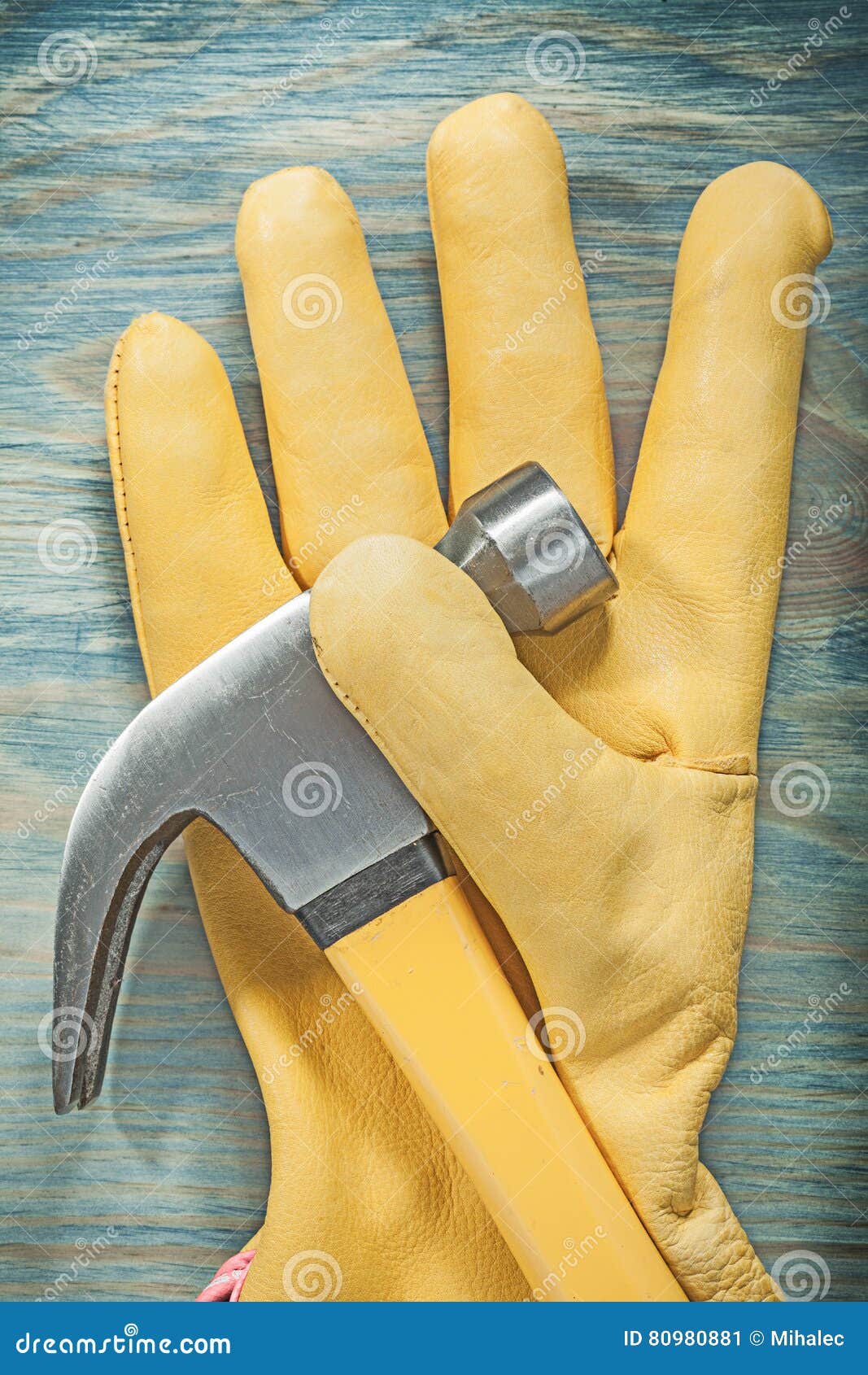 Composition of Claw Hammer Protective Glove on Wooden Board Cons Stock ...