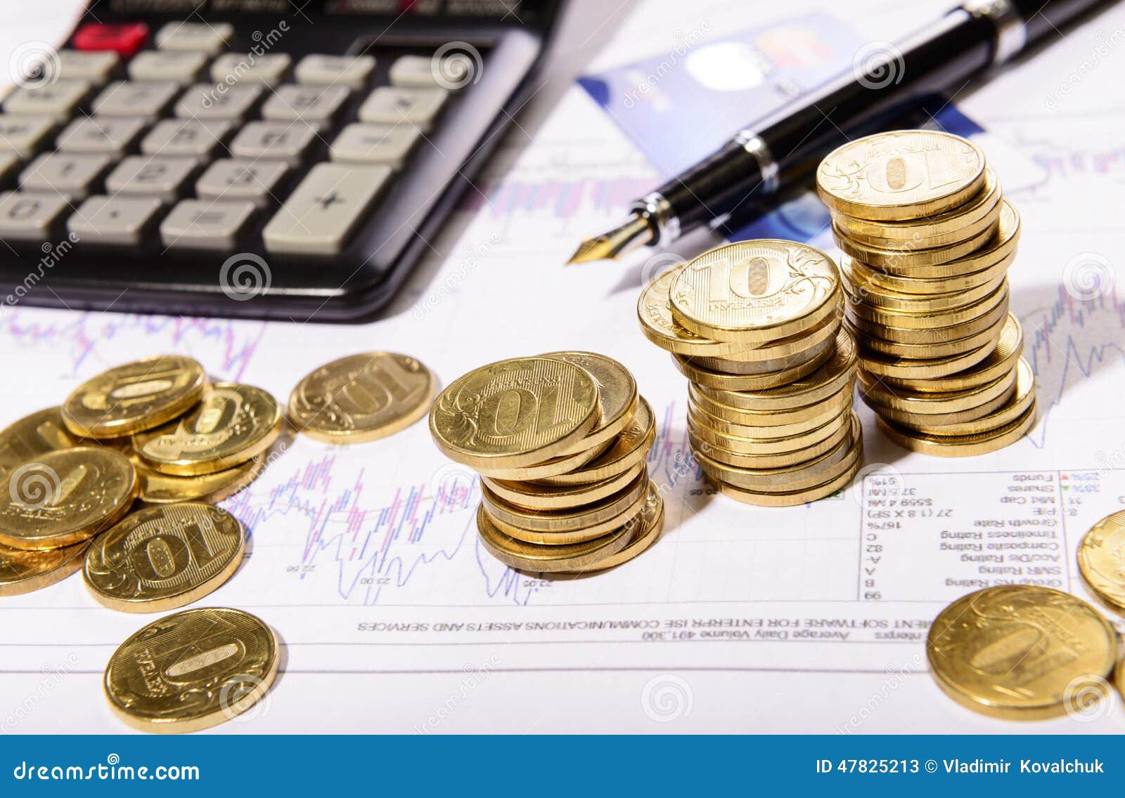 Composition of the Coins, Calculator and Charts Stock Image - Image of ...