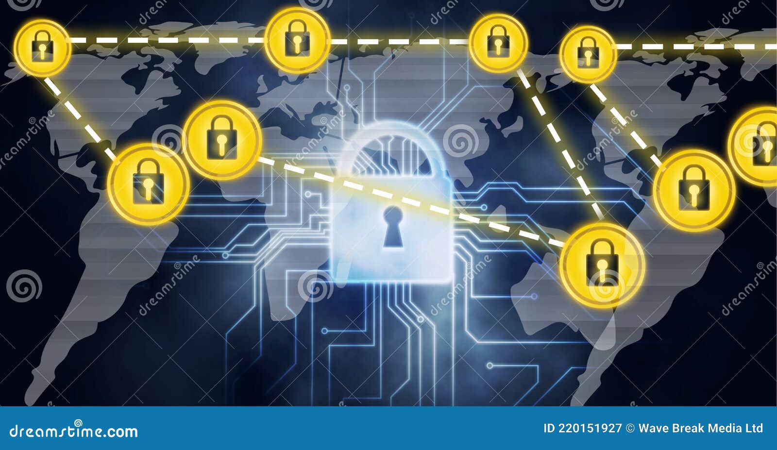 Composition Of Connected Yellow Padlock Icons Over World Map, Padlock ...