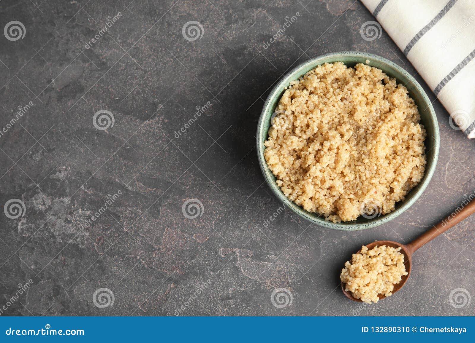 Composition with Cooked Quinoa in Bowl and Wooden Spoon on Table, Top ...