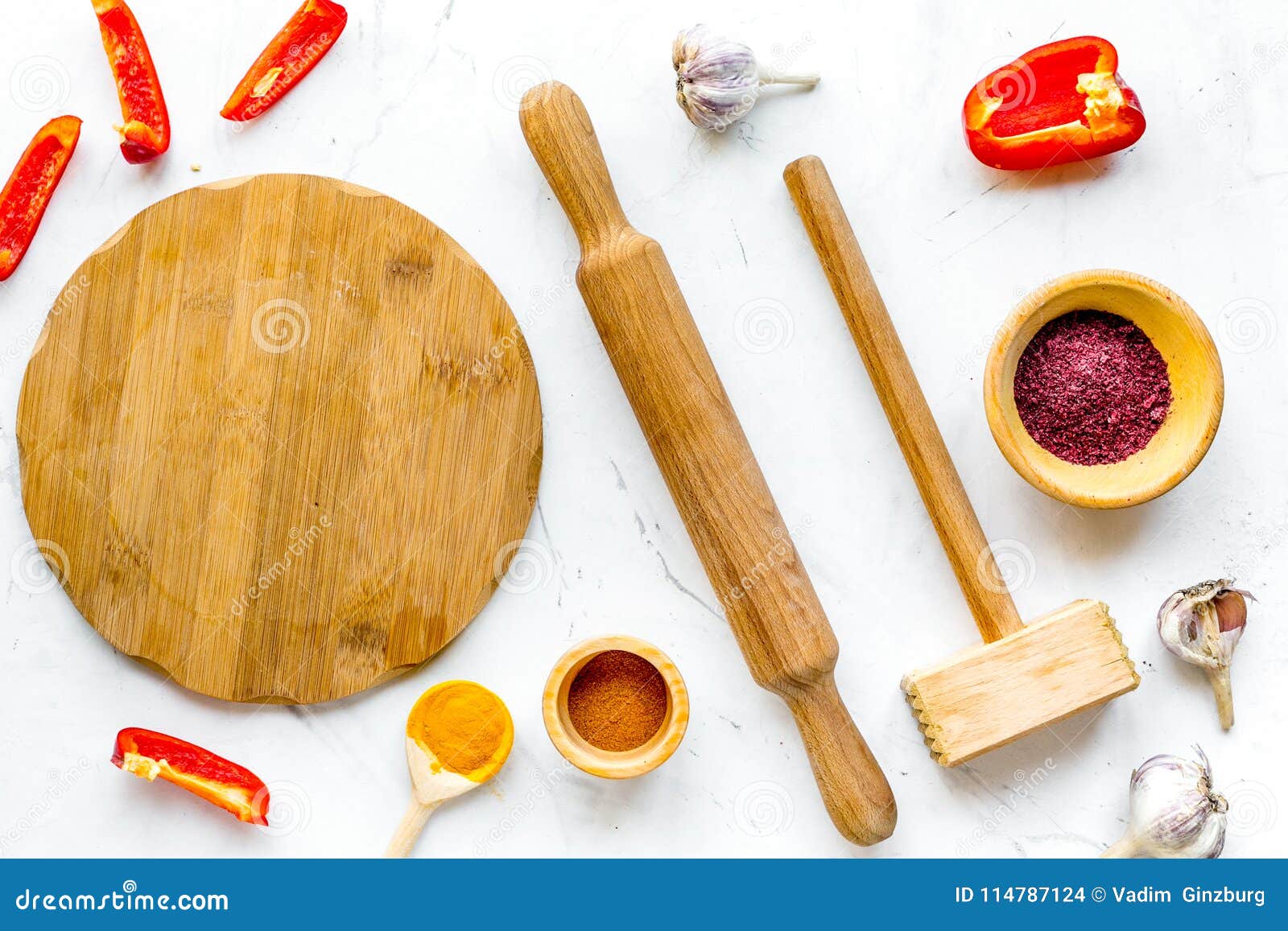 Composition of Cooking Tools and Spices on Kitchen Table Top Vie Stock ...