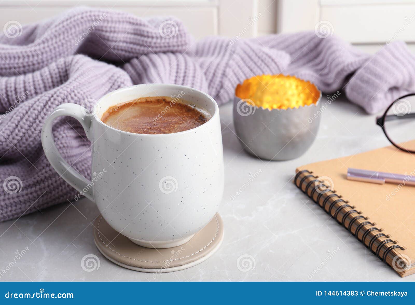 Composition with Cup of Hot Chocolate and Notebook on Windowsill Stock ...