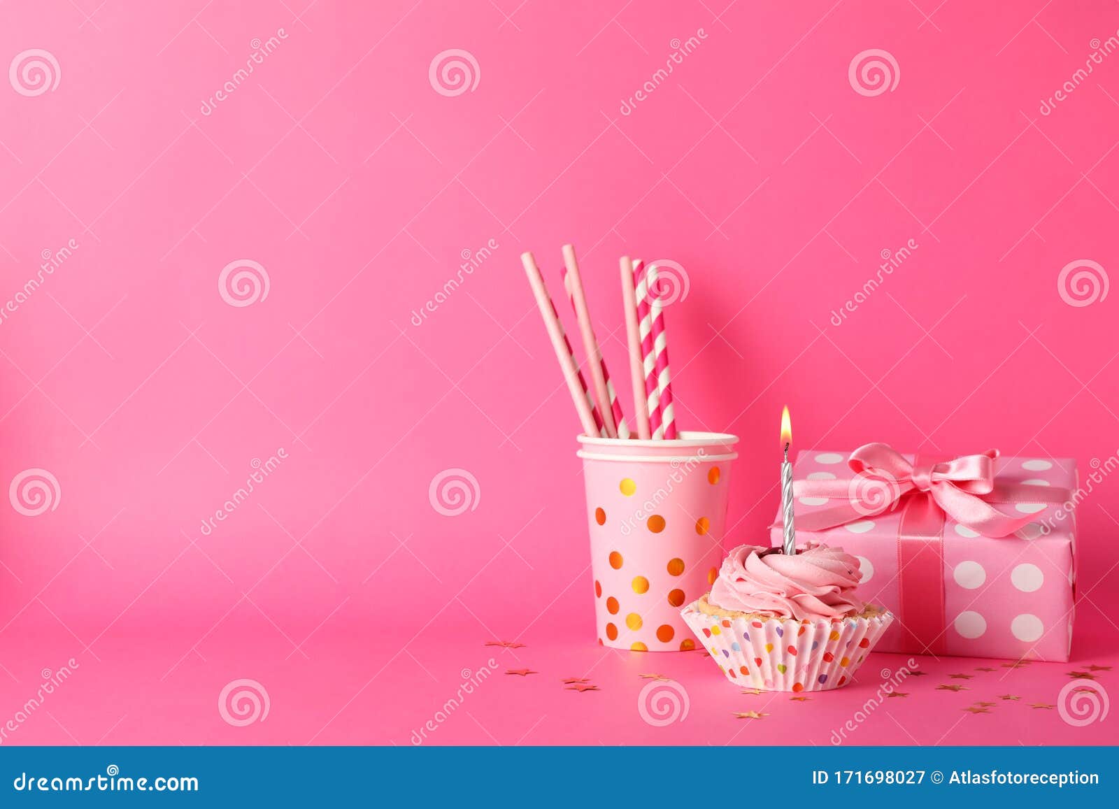 Composition With Cupcake And Gift Box On Background, Space For Text ...