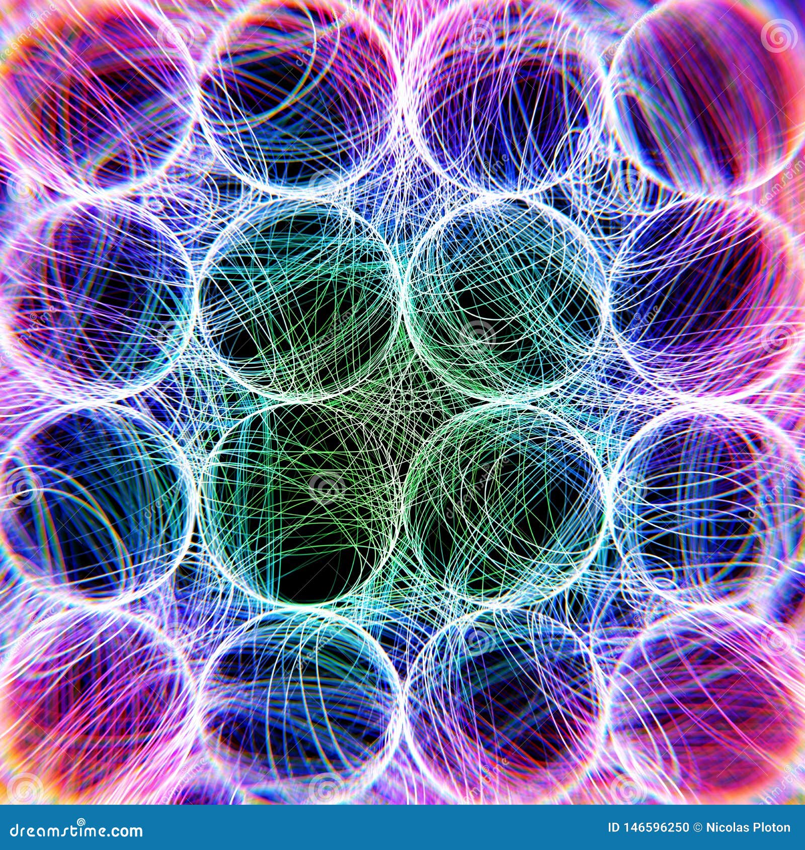 Close-up on Colored Atoms with Moving Particles Stock Illustration ...