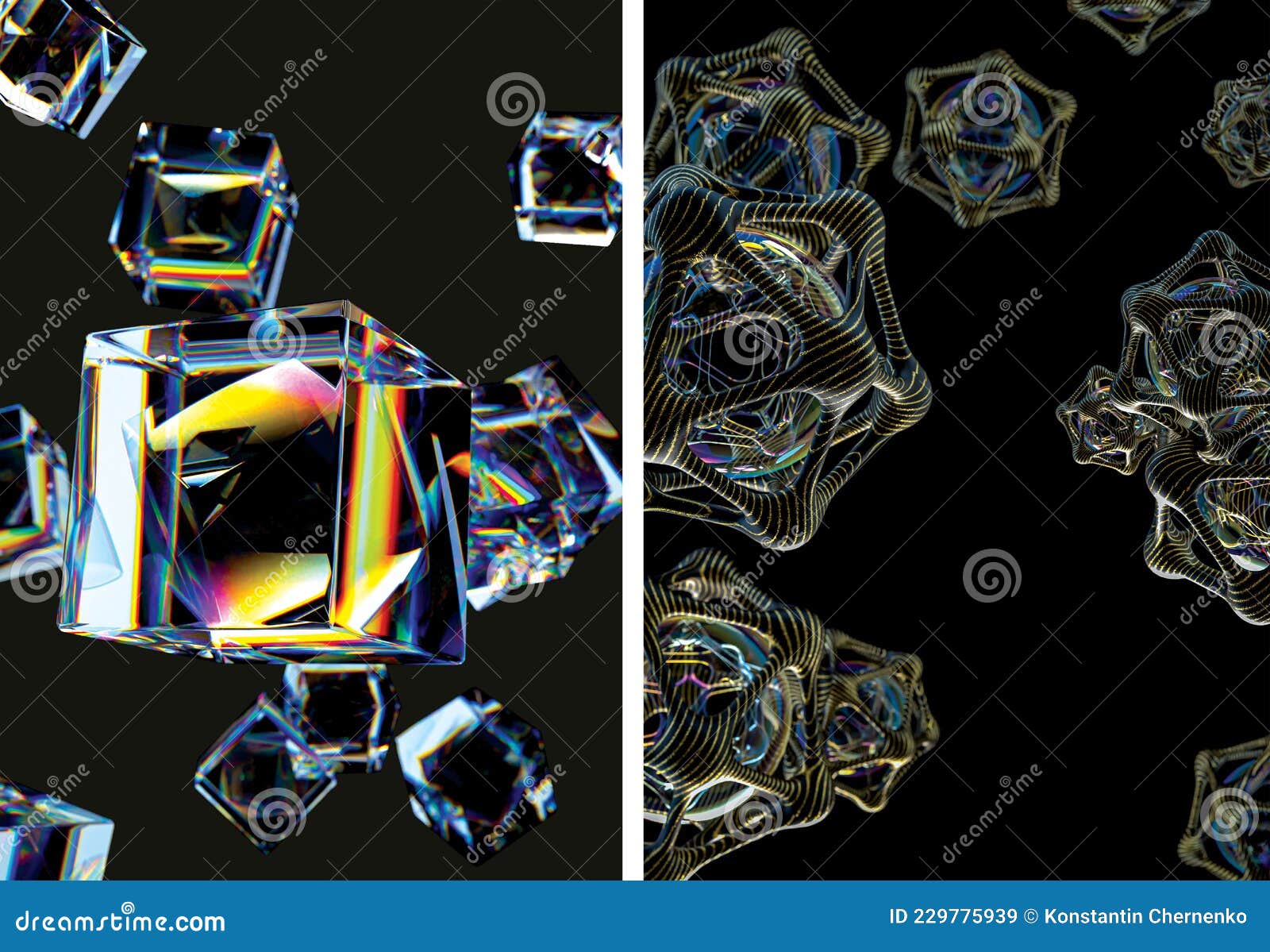 Composition of 3D Translucent Iridescent Cubes with Abstract Organic ...