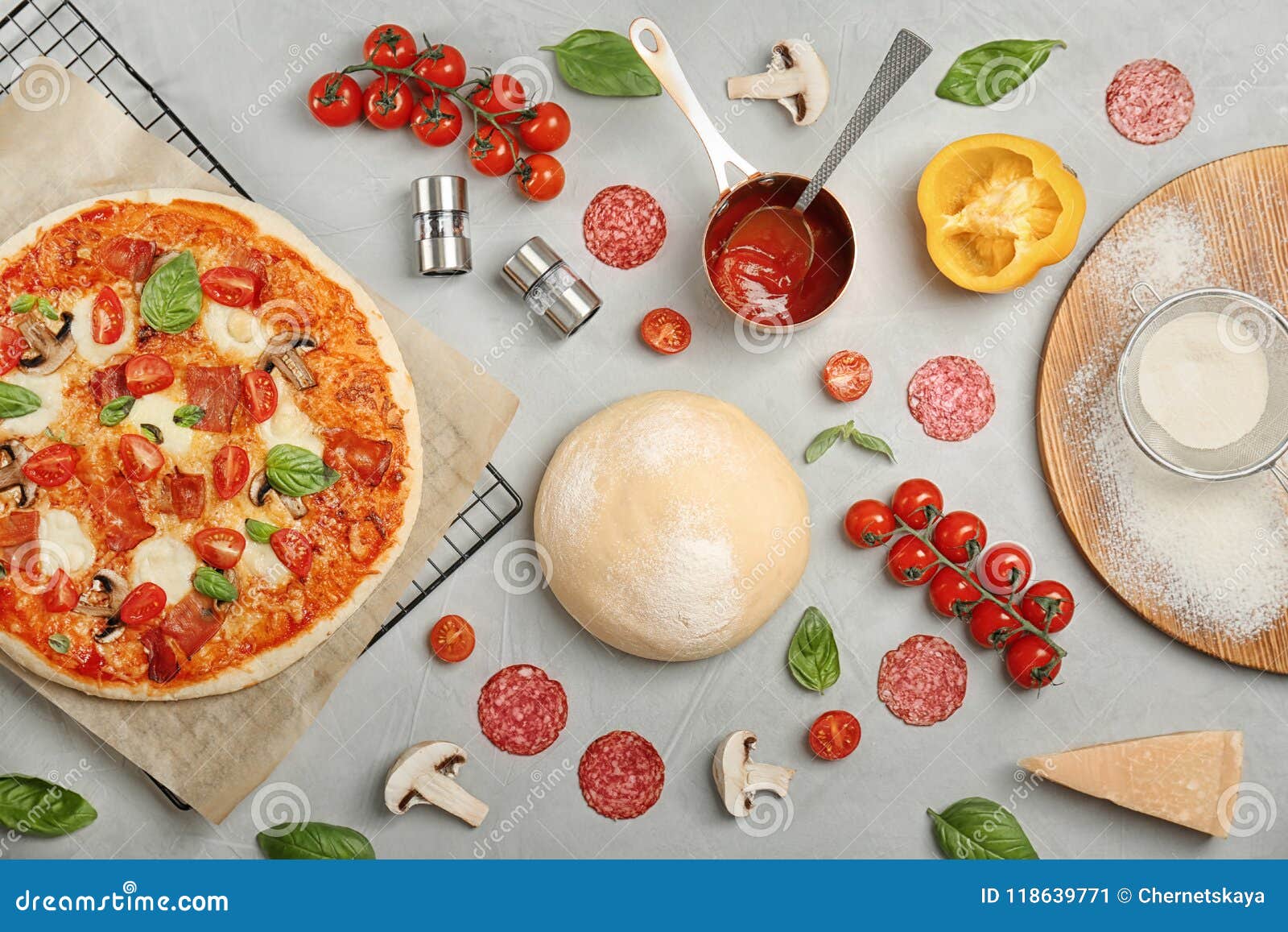 Composition with Delicious Pizza and Ingredients Stock Image - Image of ...