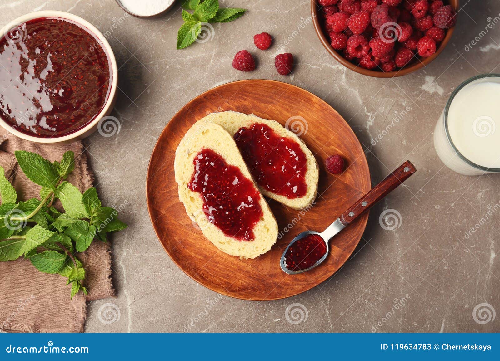 Composition with Delicious Raspberry Jam on Table, Top View Stock Image ...