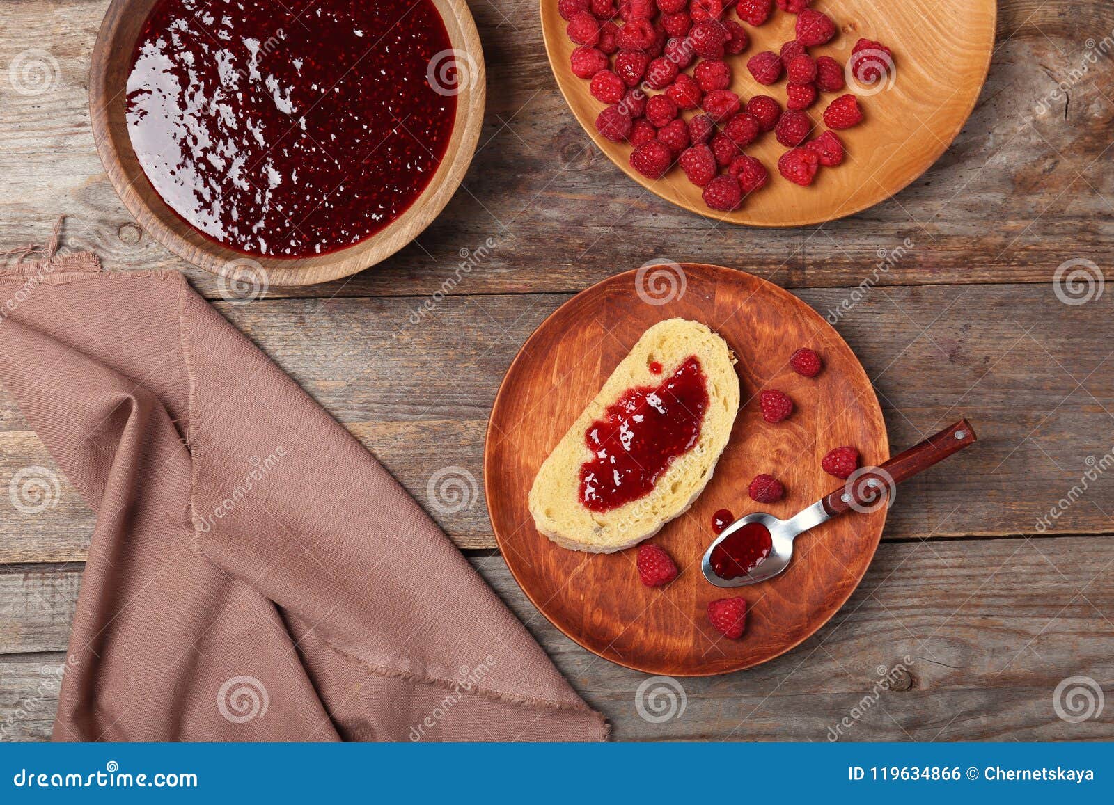 Composition with Delicious Raspberry Jam on Wooden Table, Top View ...