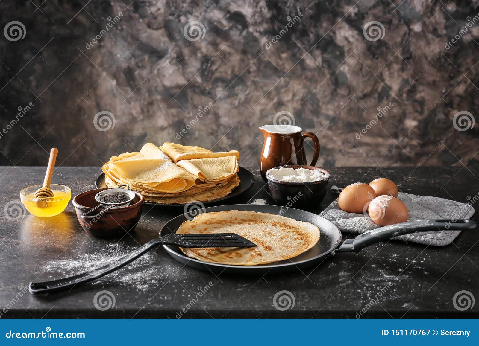 Composition with Delicious Thin Pancake on Dark Table Stock Image ...