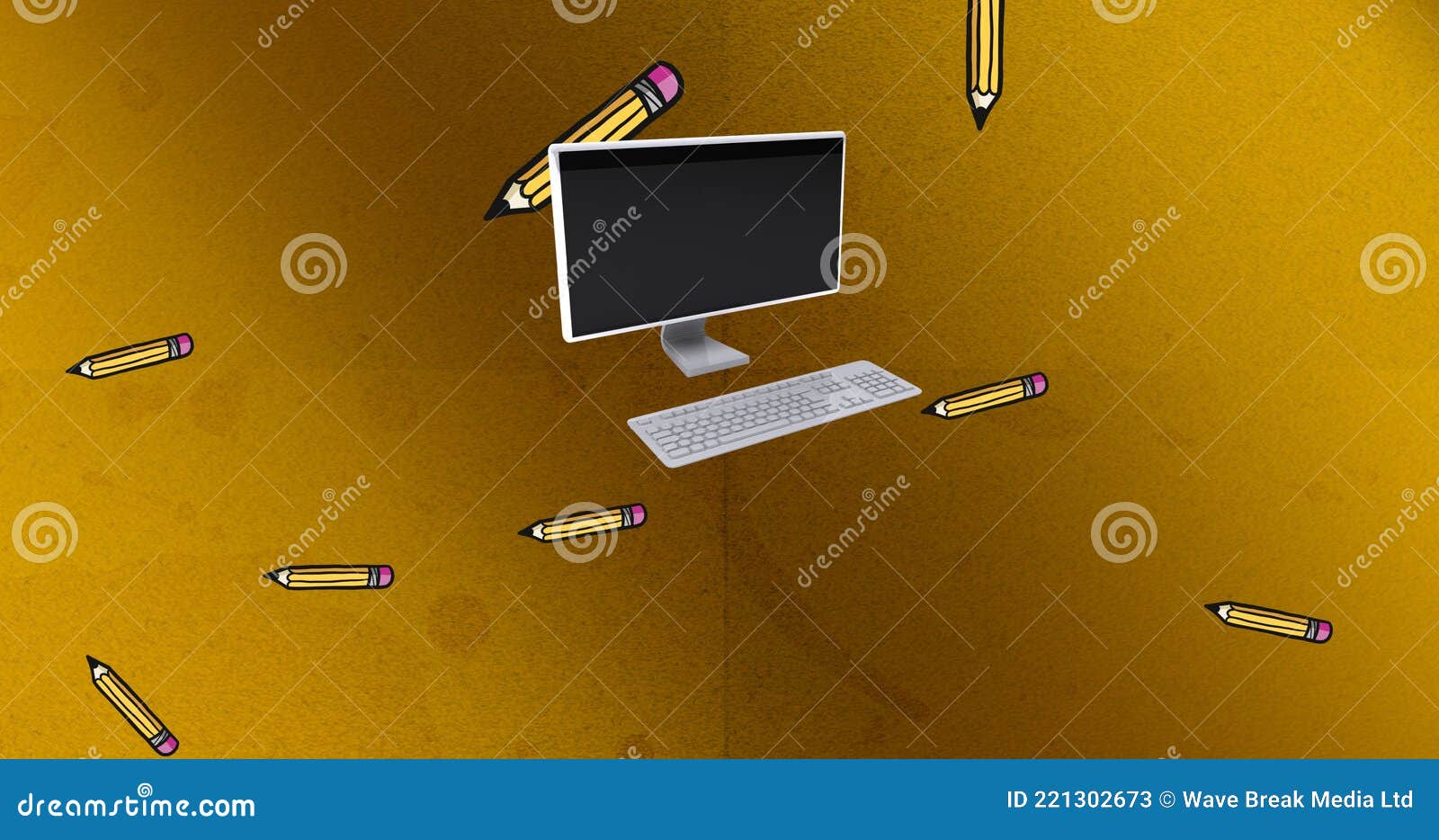 Composition of Desktop Computer and Yellow Pencils Floating on Gold ...