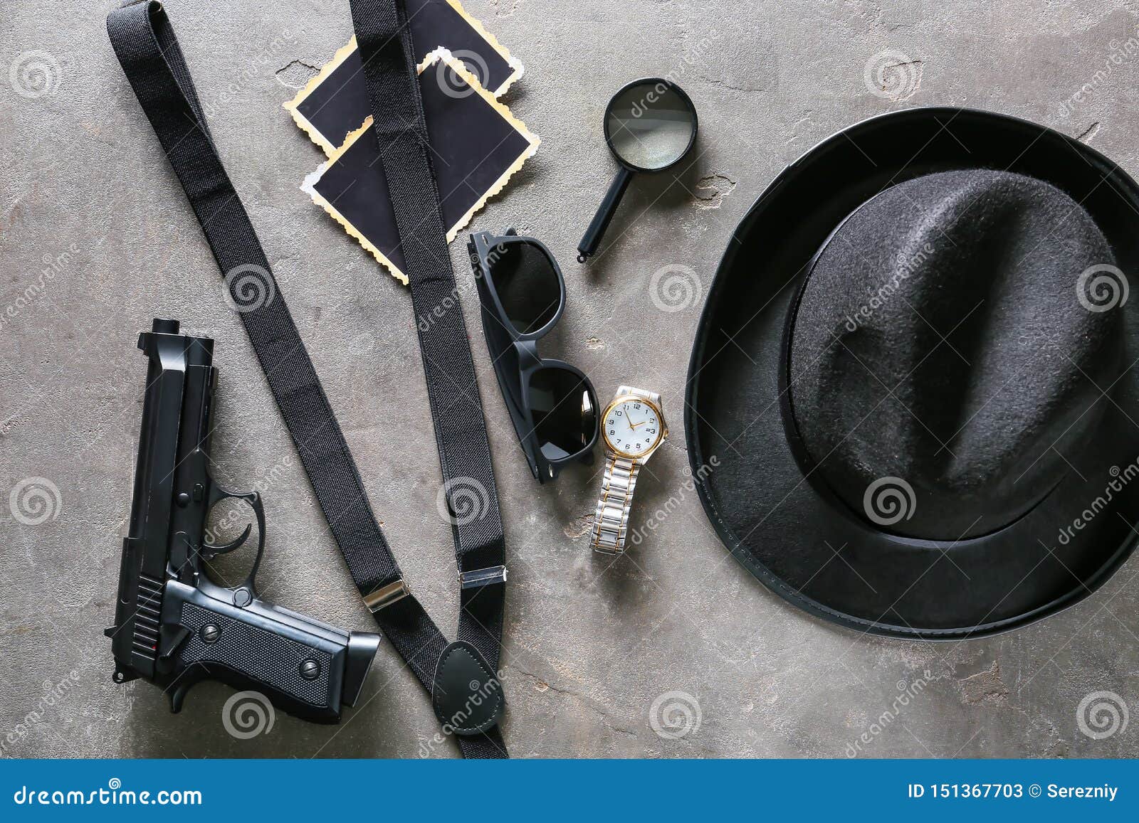Composition with Different Items for Detective on Grey Background Stock ...