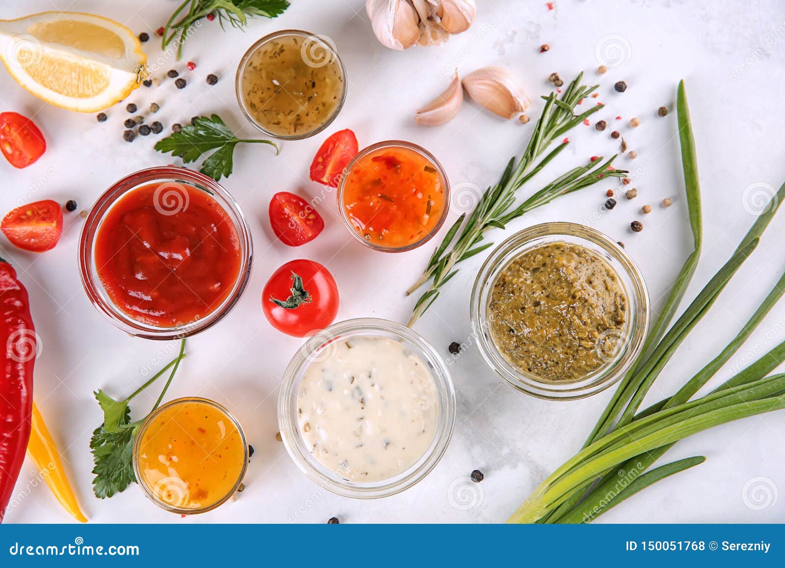 Composition with Different Sauces on White Table, Top View Stock Photo ...