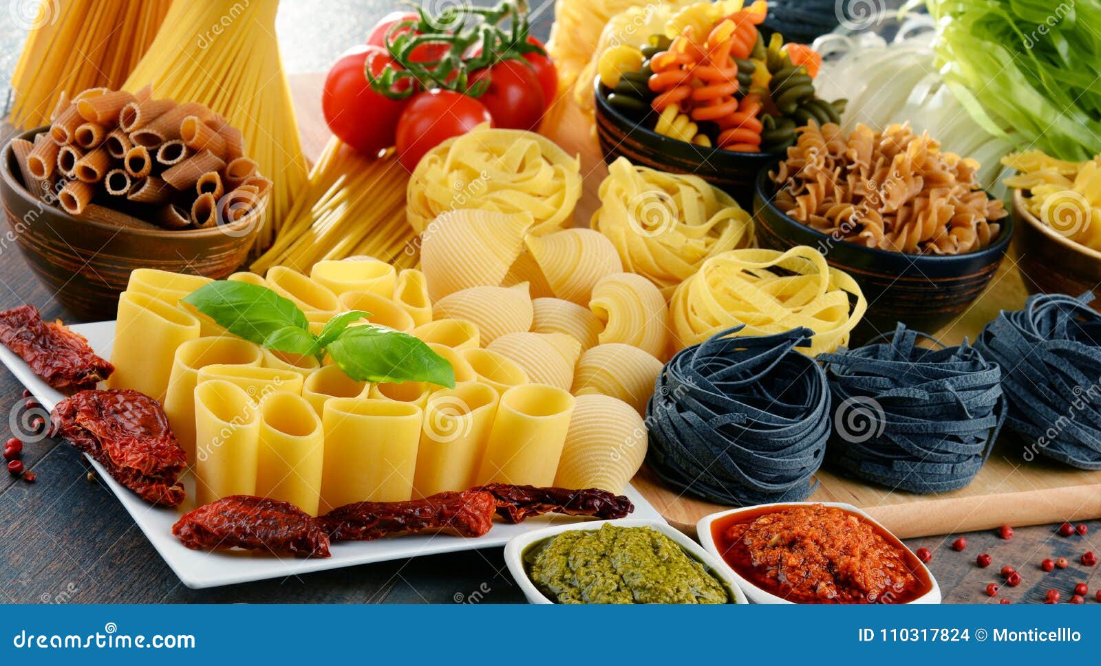 Composition with Different Sorts of Pasta on Kitchen Table Stock Photo ...