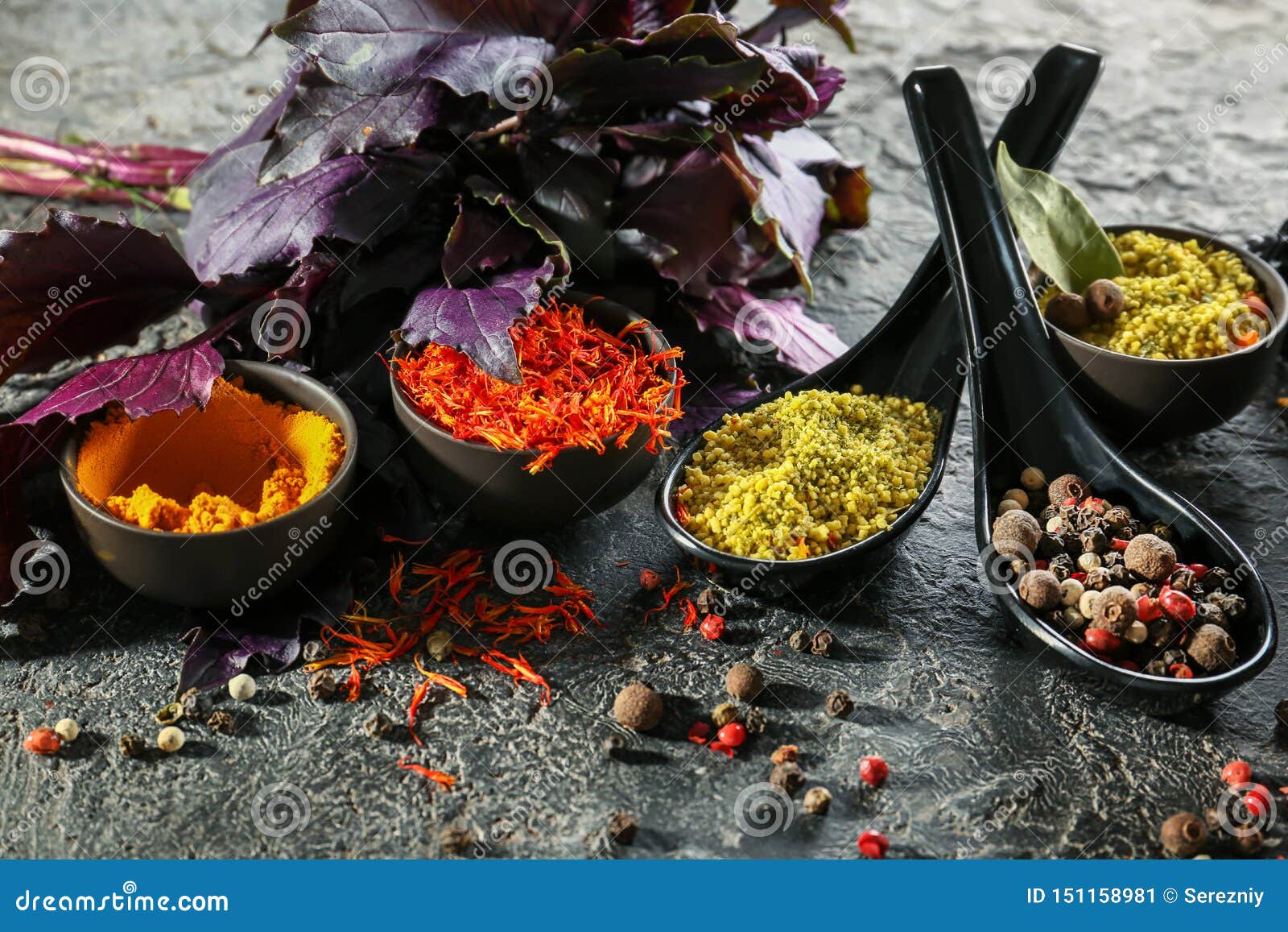 Composition with Different Spices on Grey Textured Background Stock ...