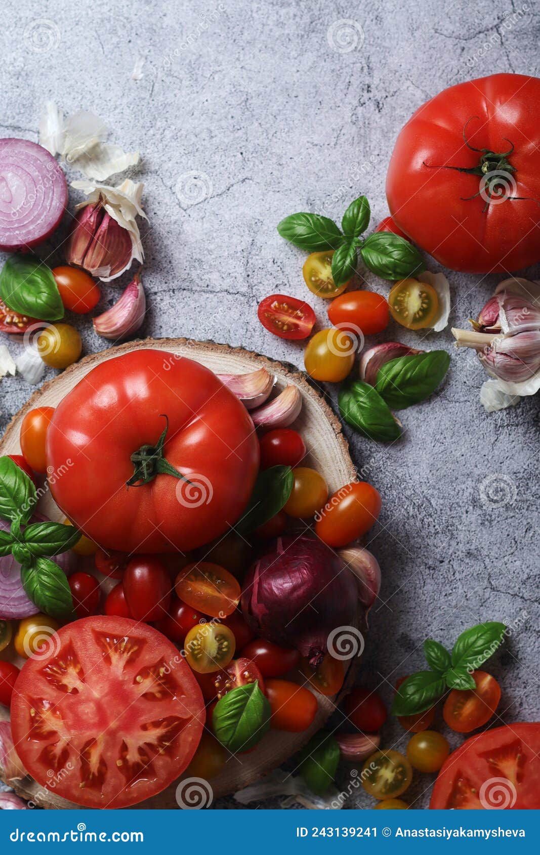 Composition of Different Tomatoes, Onion, Basil and Garlic Stock Image ...