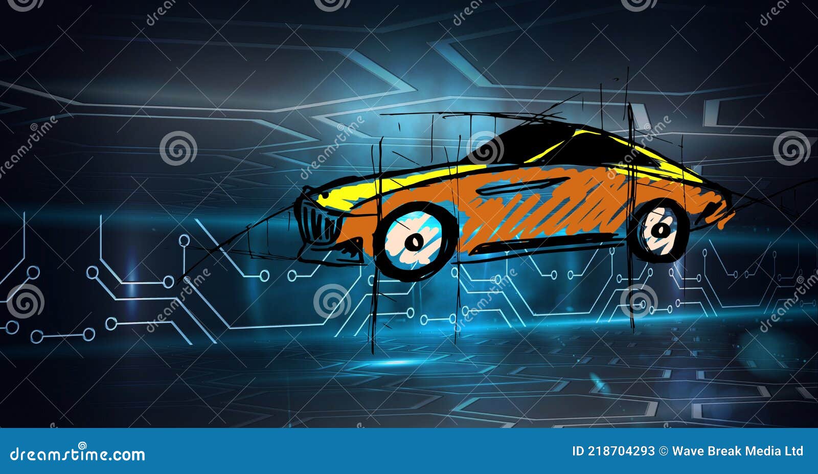 Composition of Digital Computer Data Over Car Drawing Stock ...