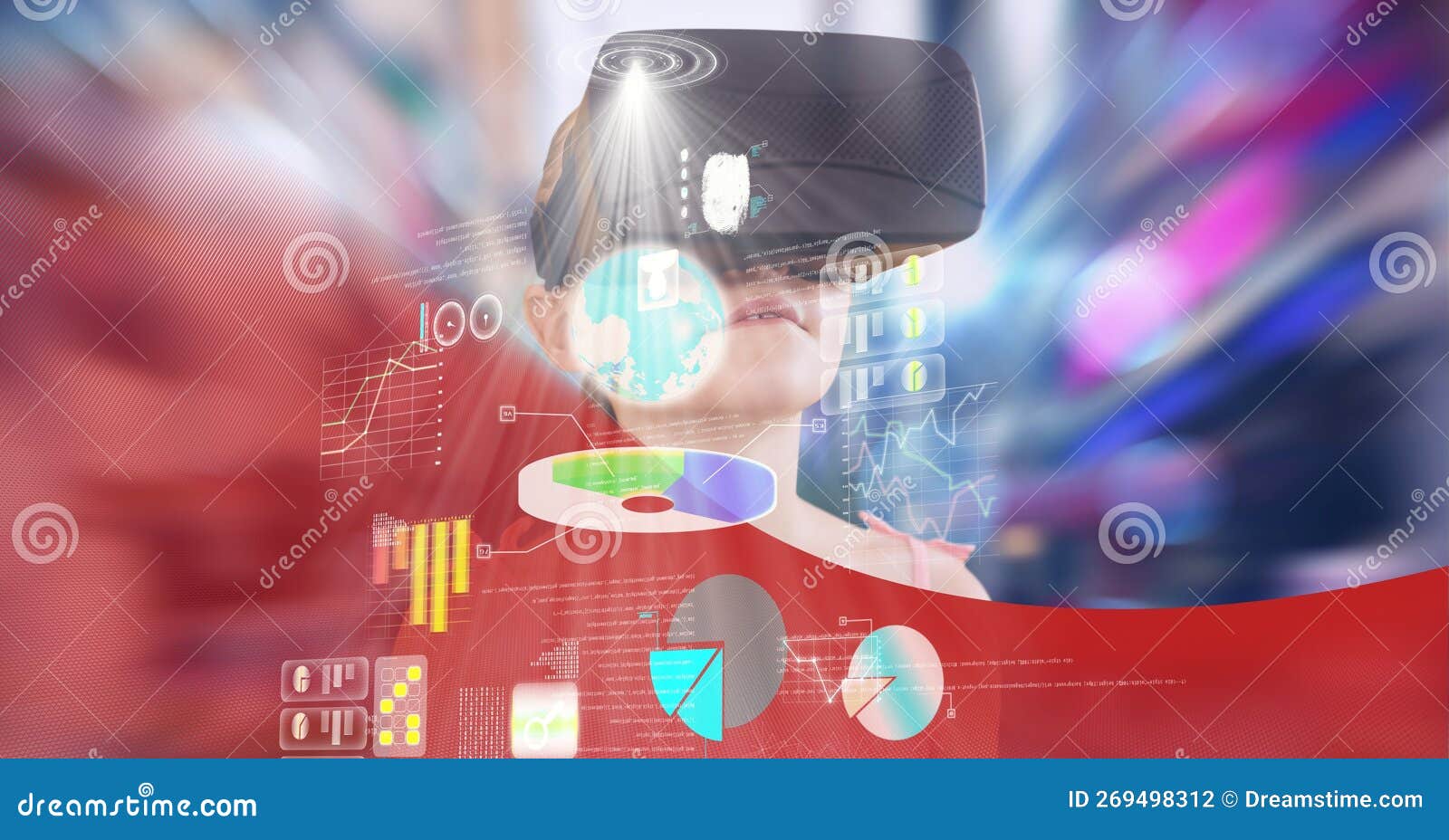 Composition of Digital Icons and Data Processing with Girl Wearing Vr ...