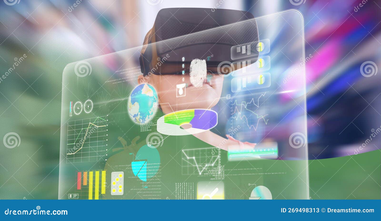 Composition of Digital Icons and Data Processing with Girl Wearing Vr ...