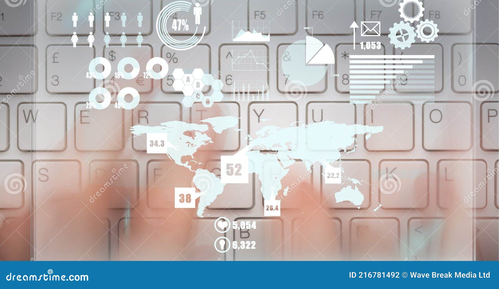 Composition of Digital Icons, Data Processing with World Map Over ...