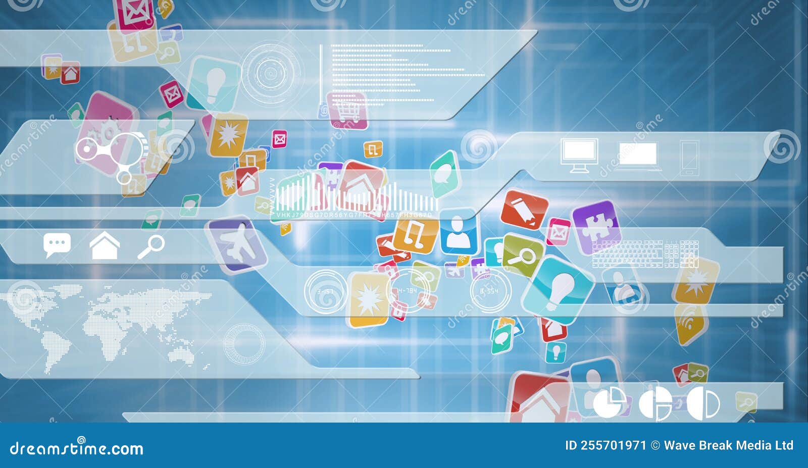 Composition Of Digital Icons Over Computer Circuit Board On Blue Background Stock Illustration